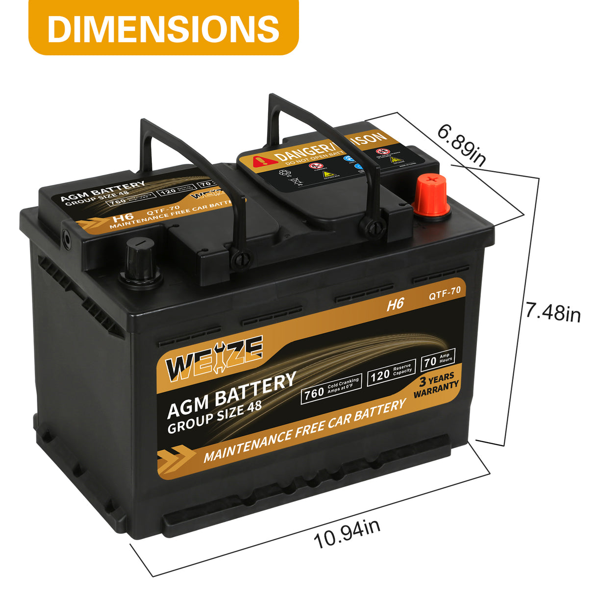 Car Battery WEIZE Platinum AGM, 12V 70Ah Group 48 H6 | Top Choice