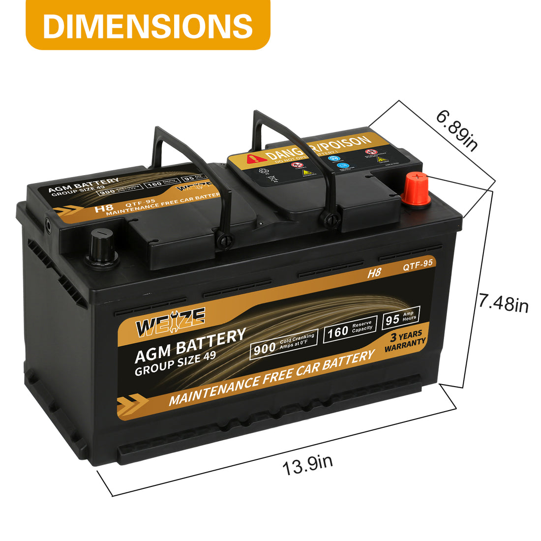 WEIZE Platinum AGM Car Battery BCI Group 49 - 12V 95Ah H8