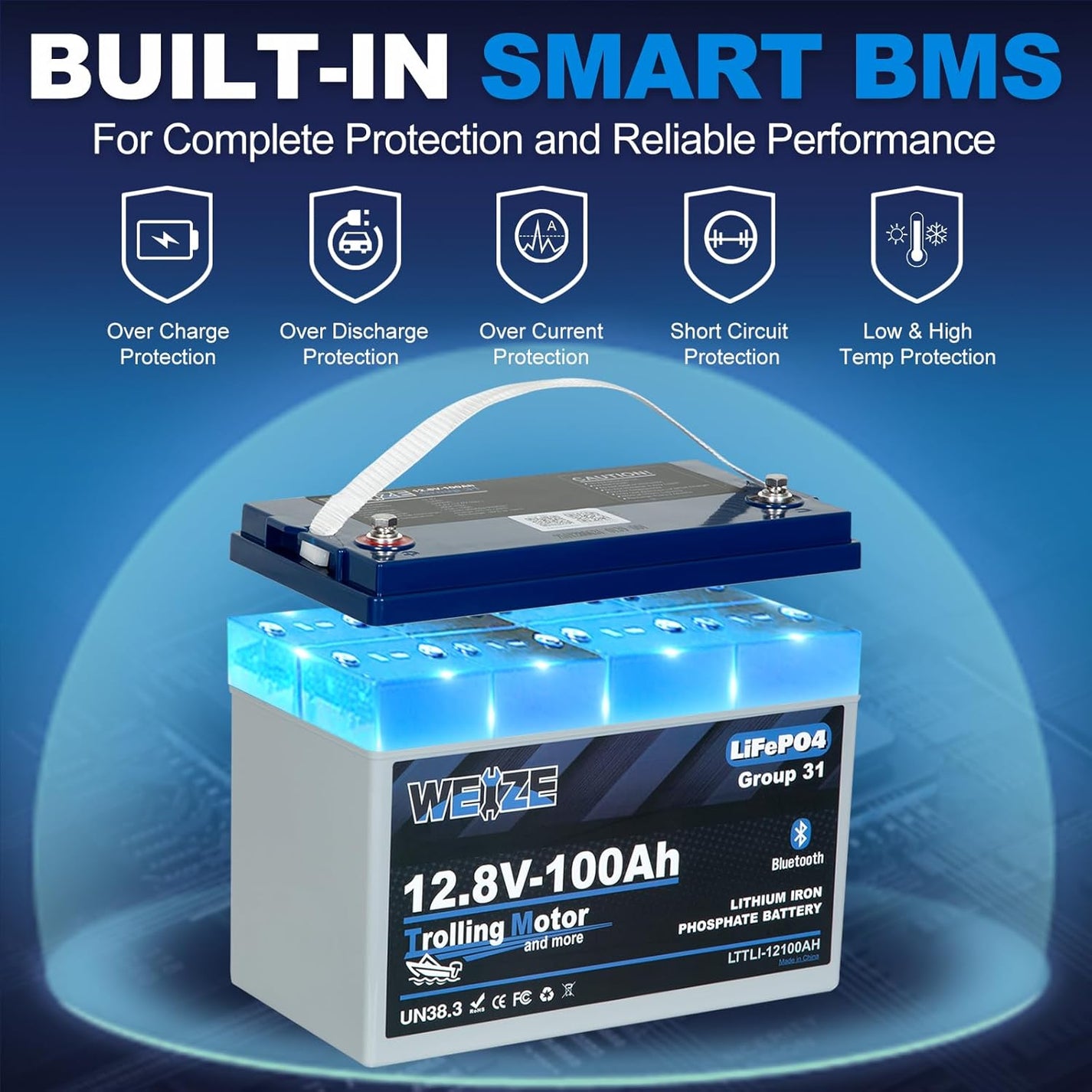 WEIZE 12V 100Ah Lithium Battery | Deep Cycle, LiFePO4