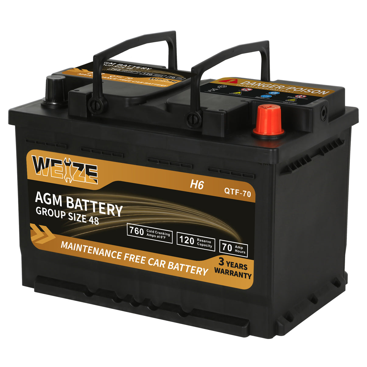 Car Battery WEIZE Platinum AGM, 12V 70Ah Group 48 H6 | Top Choice