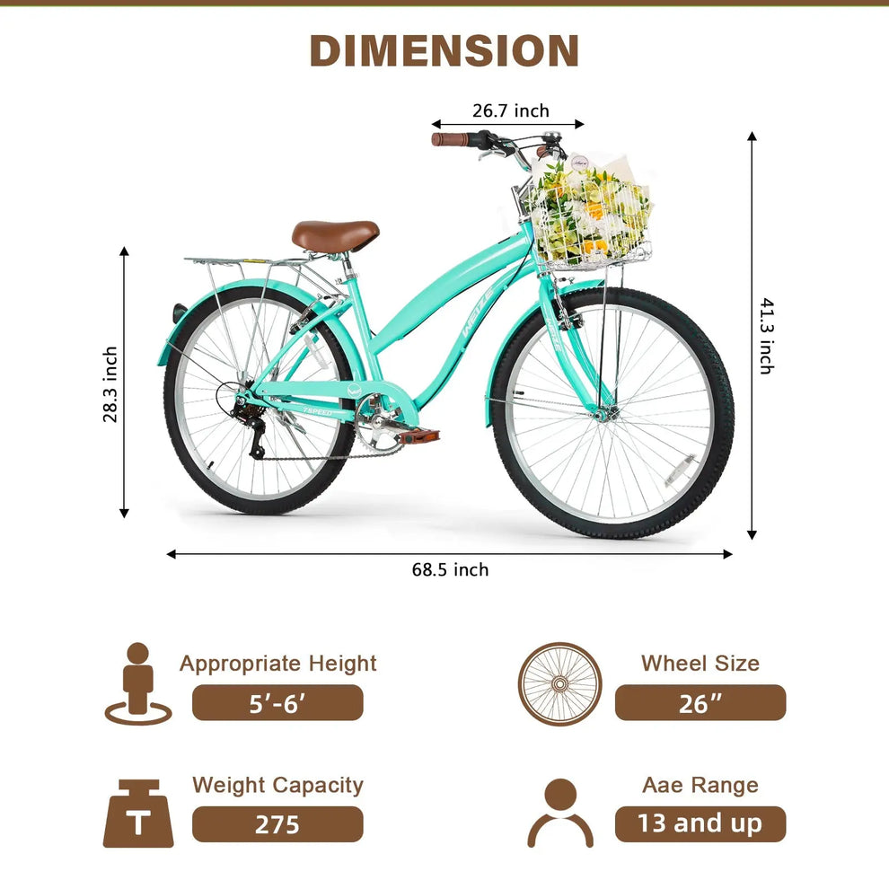 WEIZE Beach Cruiser Bike, 26 inch Commuter Bicycle for Adults