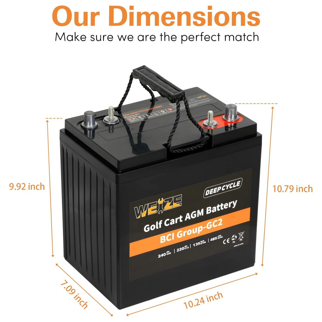 Golf Cart Battery, 6V 240ah BCI Group GC2 Deep Cycle AGM Battery – WEIZE
