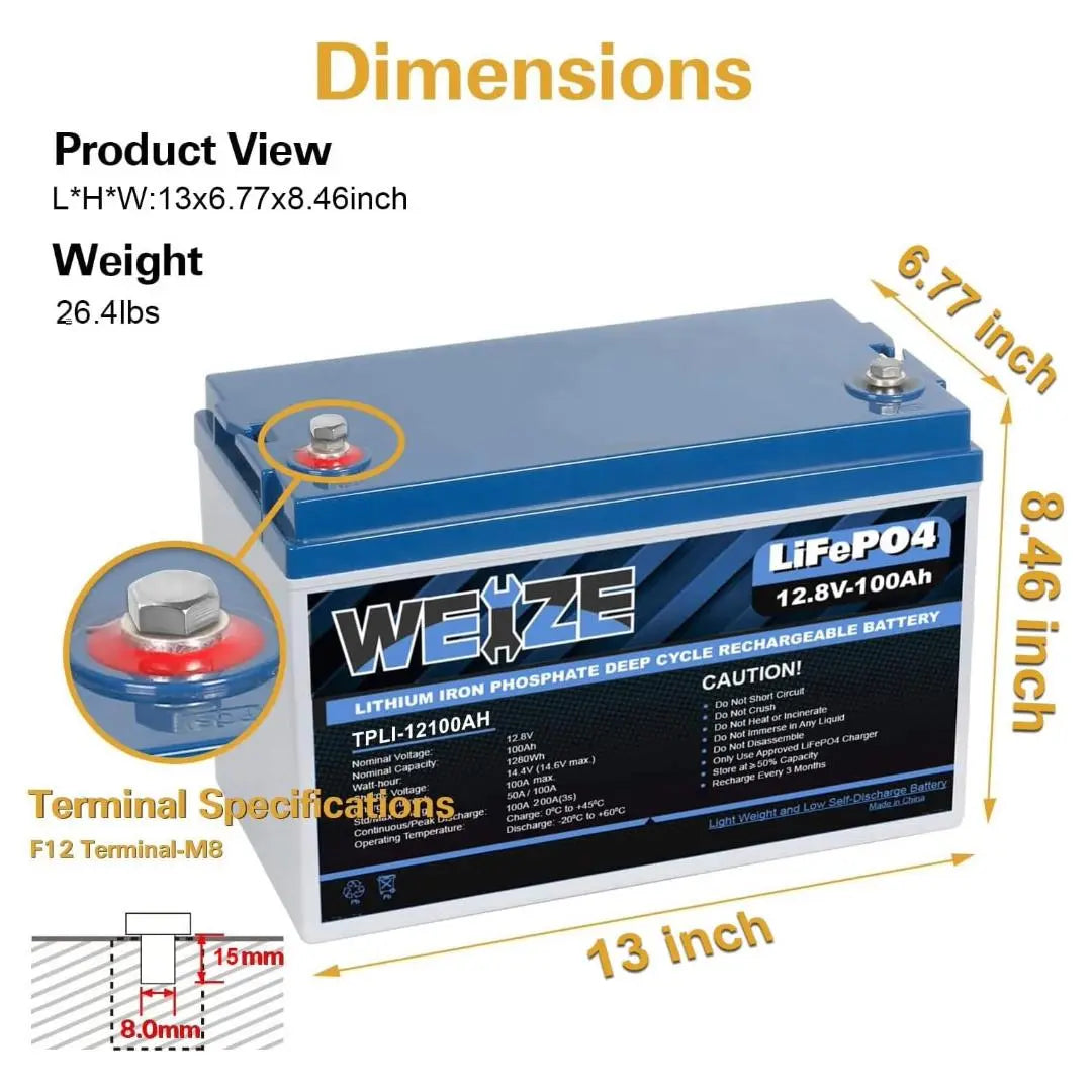 WEIZE LiFePO4 Lithium Battery 12V 100Ah丨BMS 8000+ Deep Cycles