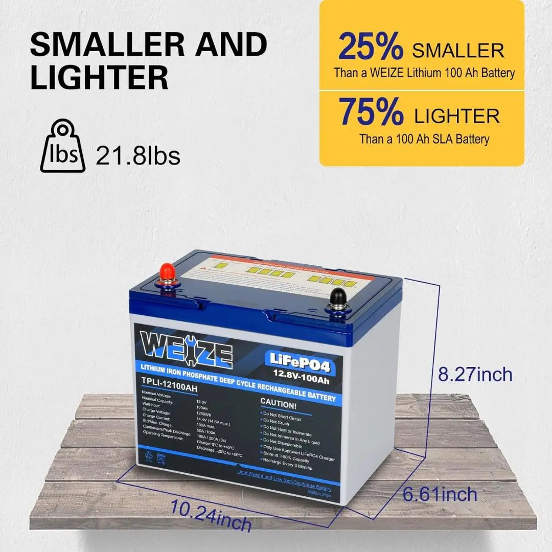 LiFePO4 Lithium Battery - WEIZE 12V 100Ah 1280Wh, Group 24