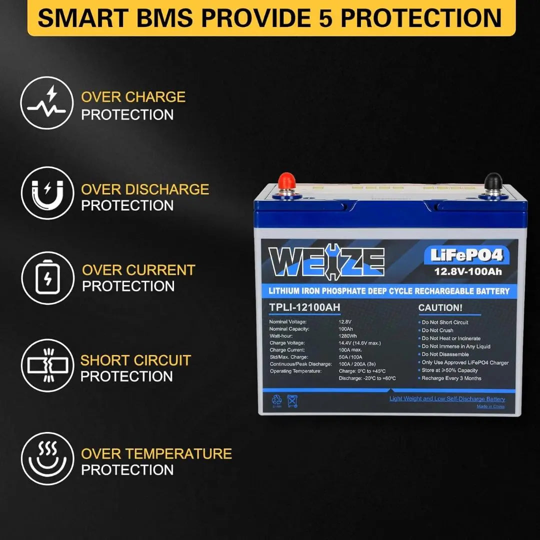 LiFePO4 Lithium Battery - WEIZE 12V 100Ah 1280Wh, Group 24