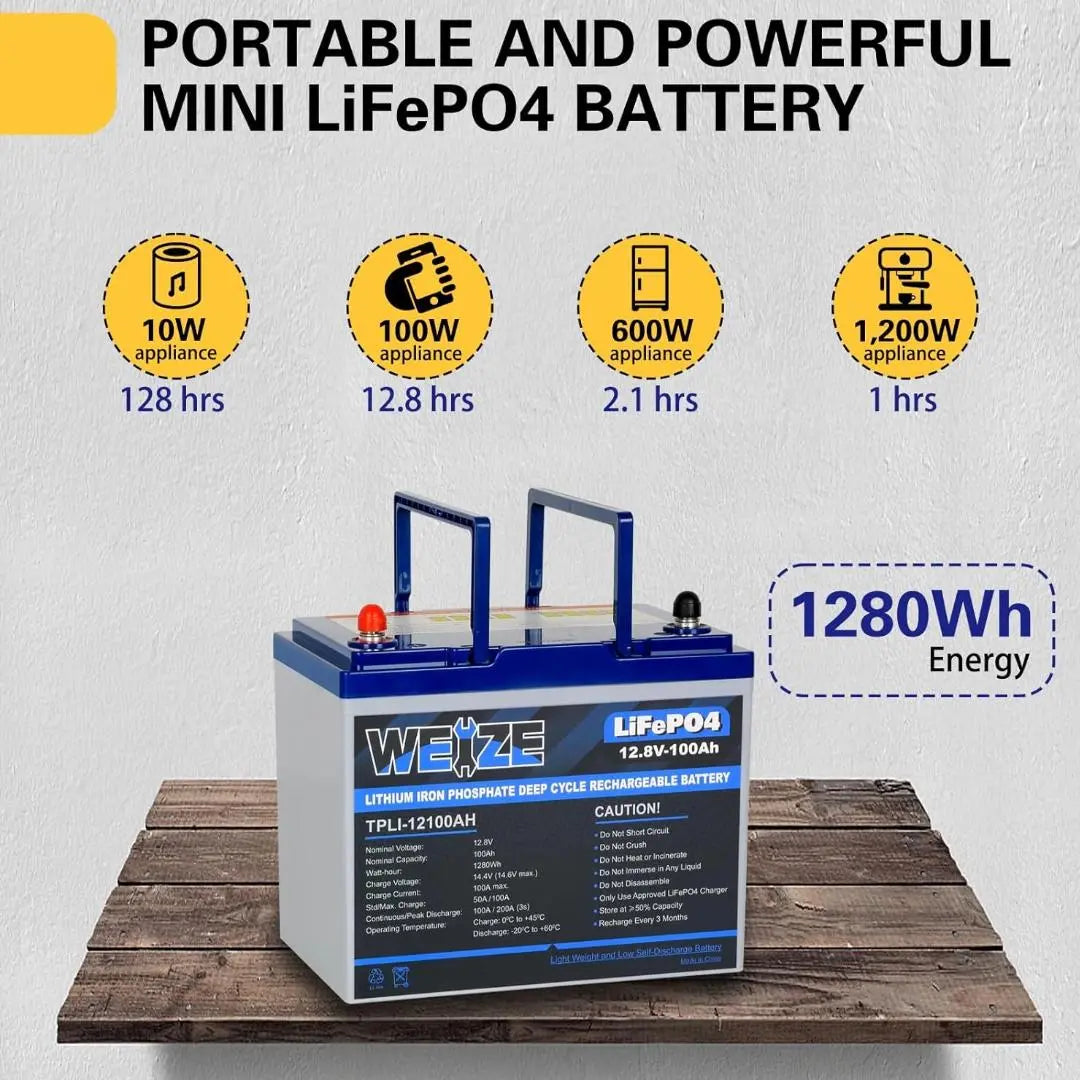 LiFePO4 Lithium Battery - WEIZE 12V 100Ah 1280Wh, Group 24