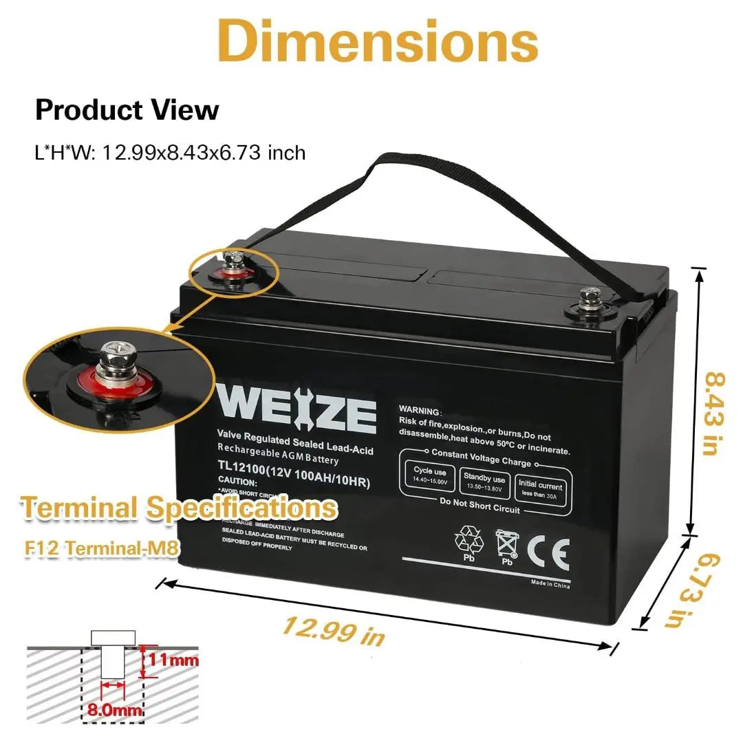 AGM Battery: WEIZE 12V 100Ah Deep Cycle Group Size 31 SLA Battery
