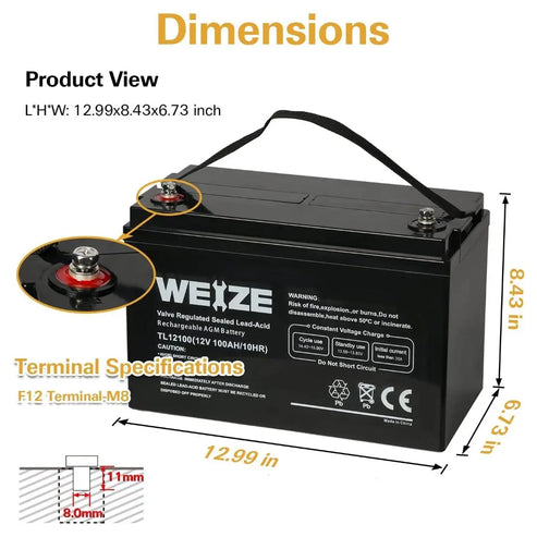 AGM Battery: WEIZE 12V 100Ah Deep Cycle Group Size 31 SLA Battery