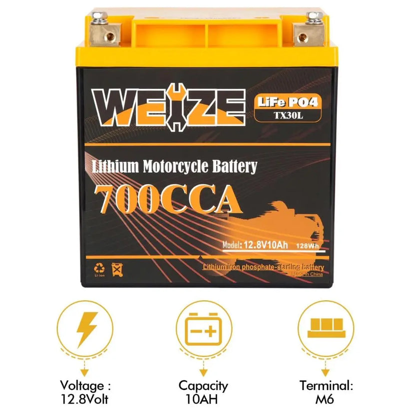Motorcycle Battery | WEIZE 12V 10AH Lithium 700CCA LiFePO4 Battery