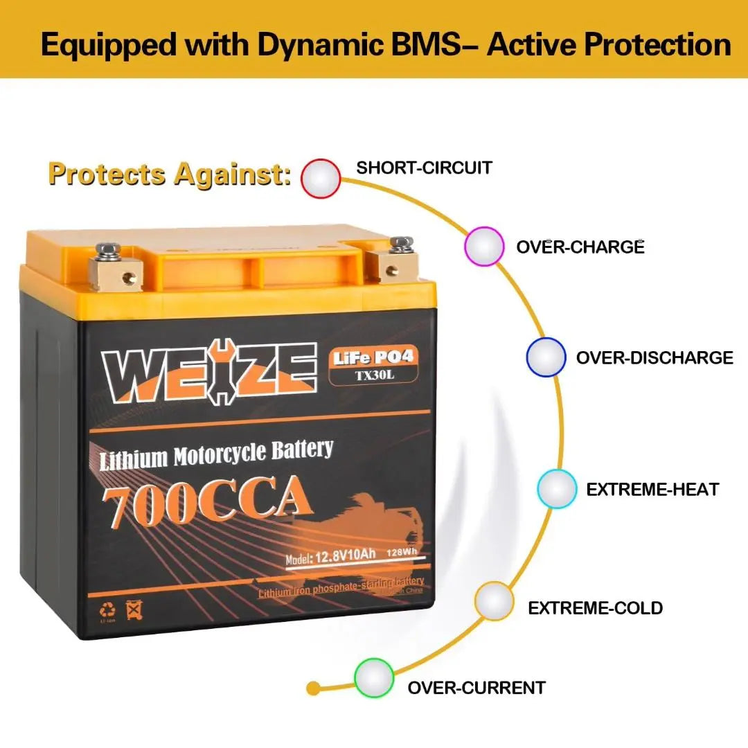Motorcycle Battery | WEIZE 12V 10AH Lithium 700CCA LiFePO4 Battery