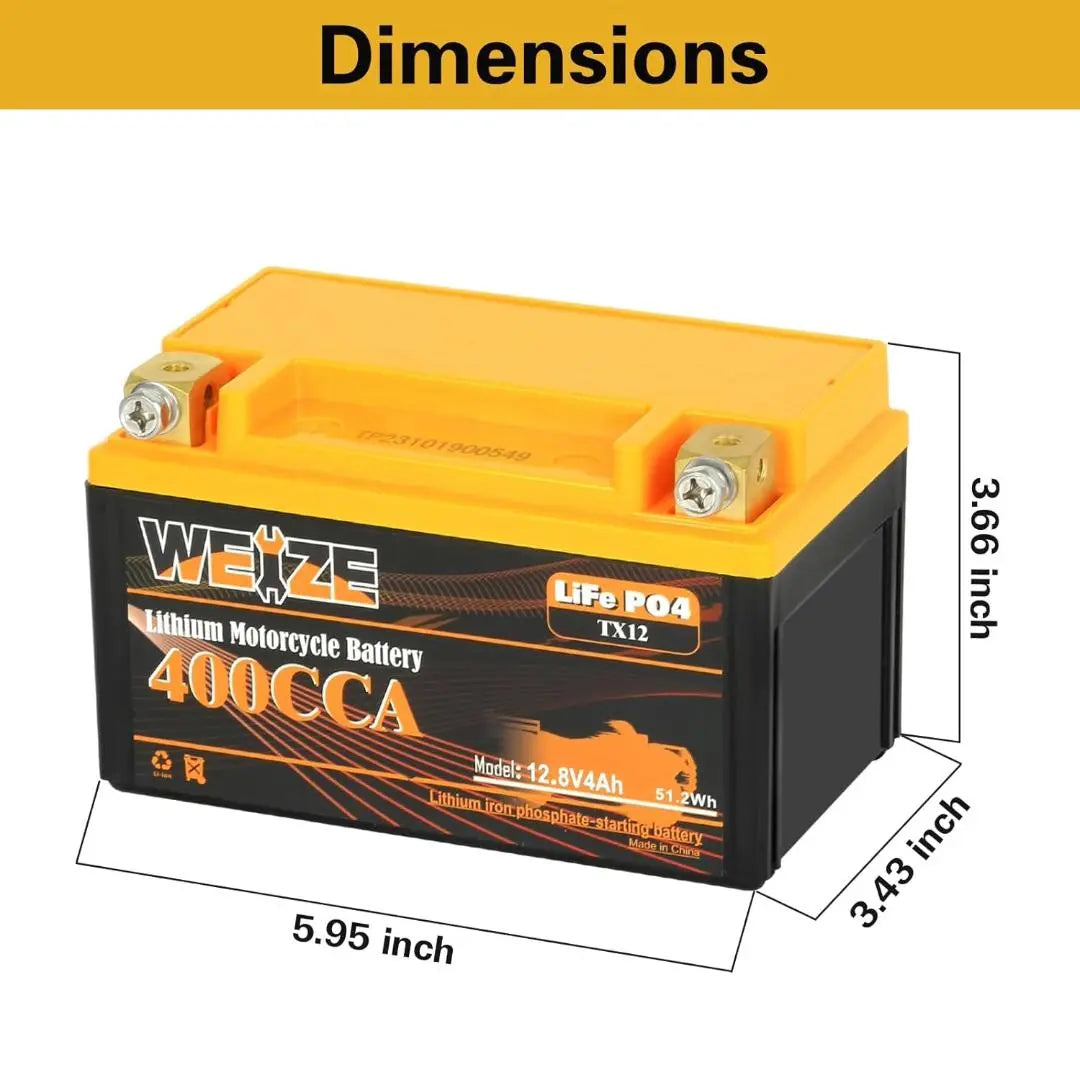 Motorcycle Battery | WEIZE Lithium YTX12, 12V 4AH 400A LiFePO4 Battery