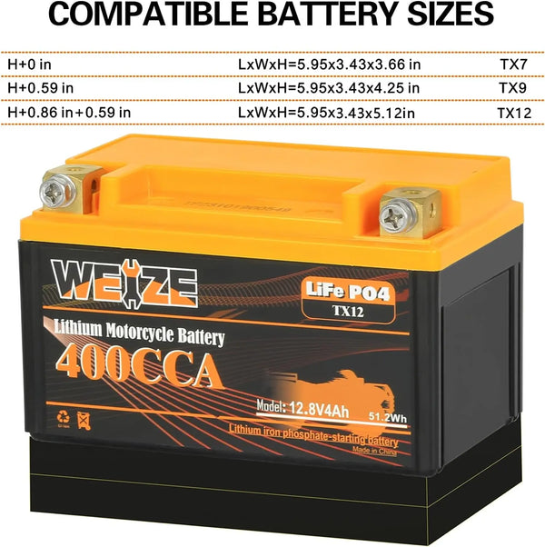 Motorcycle Battery | WEIZE Lithium YTX12, 12V 4AH 400A LiFePO4 Battery
