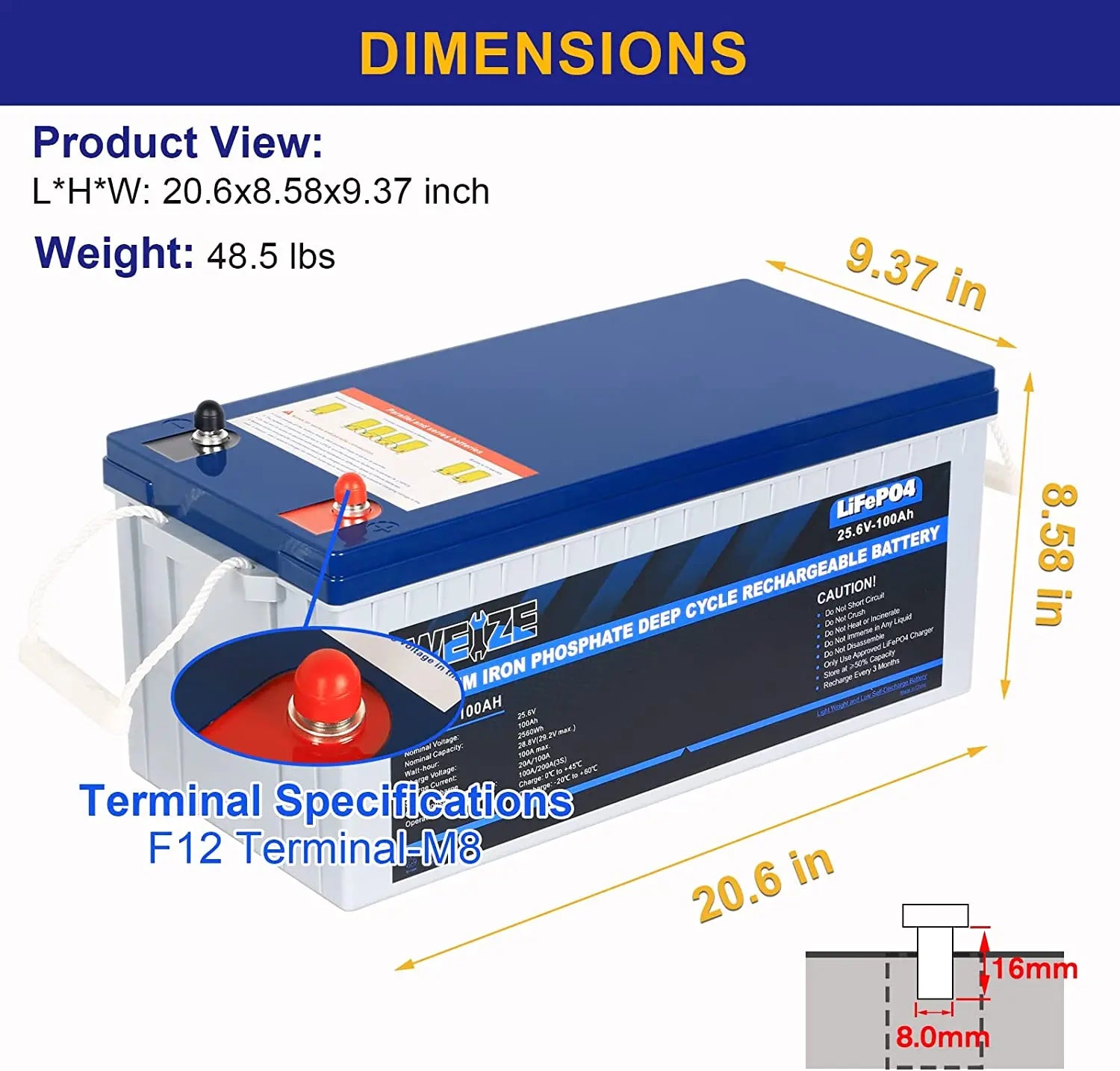 24V 100Ah LiFePO4 Lithium Battery, Built-in 100A Smart BMS | WEIZE