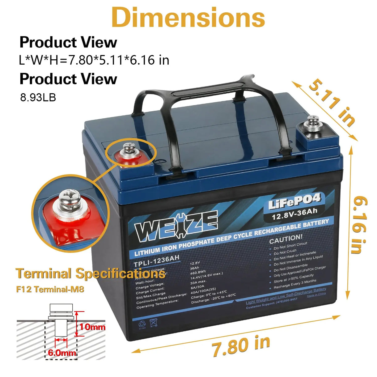 WEIZE 12V 36Ah 460.8Wh Lithium Battery, Group U1 Deep Cycle
